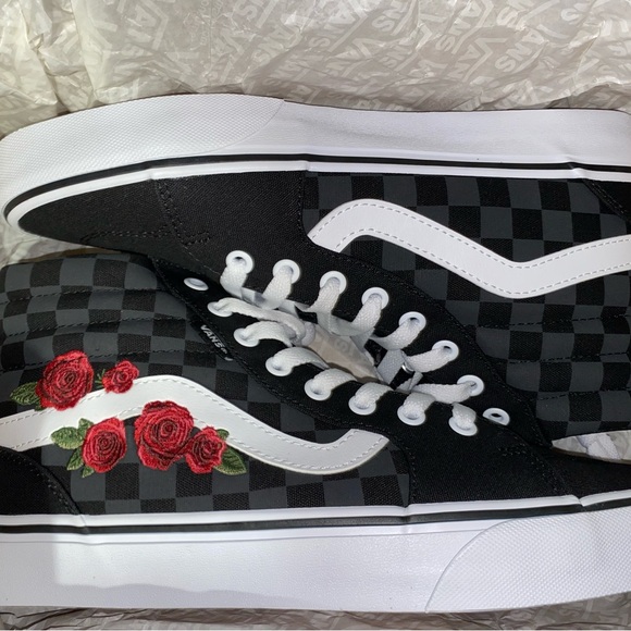 Vans | Shoes | Vans Black And White Checkered Sneakers With Red Rose ...
